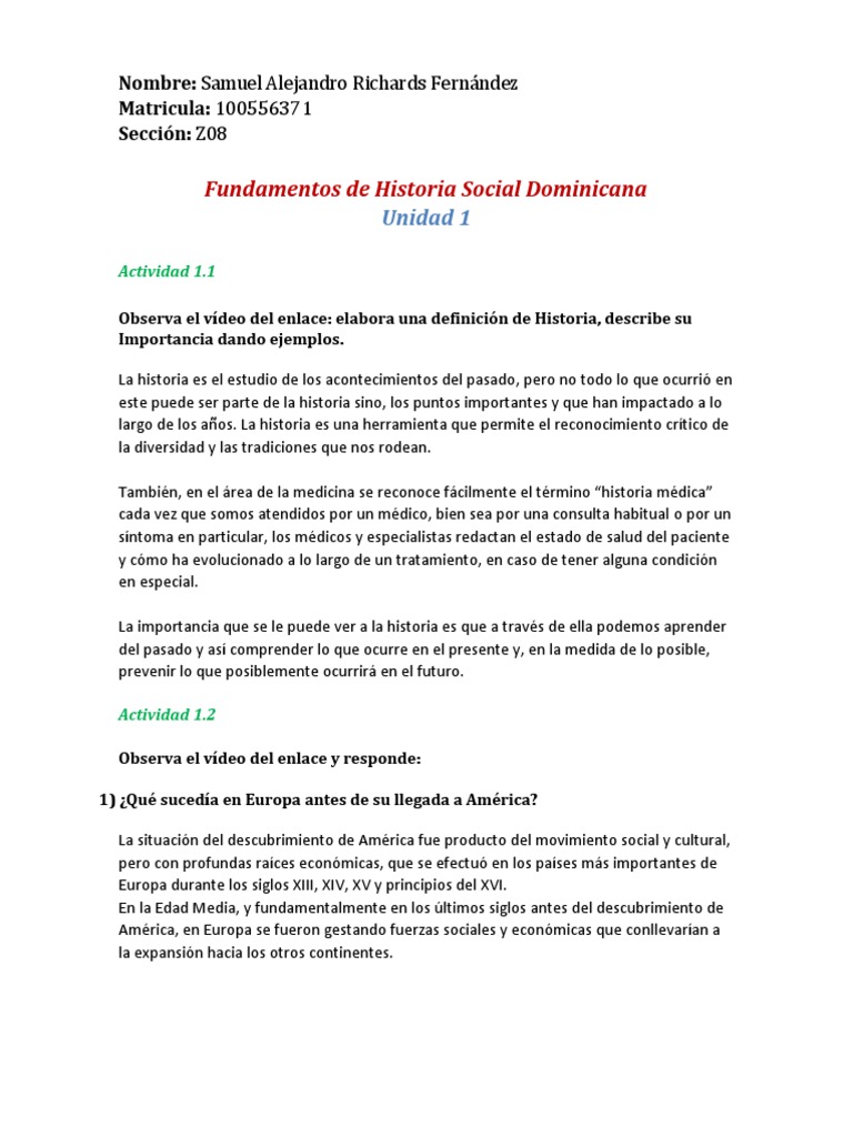 Fundamentos de Historia Social Dominicana - Unidad 1 - Sección (Z08) | PDF