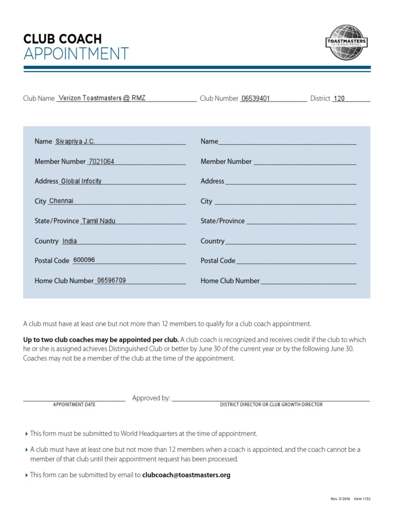 1152 Club Coach Appointment (1) - Verizon Toastmasters at RMZ PDF | PDF | Business