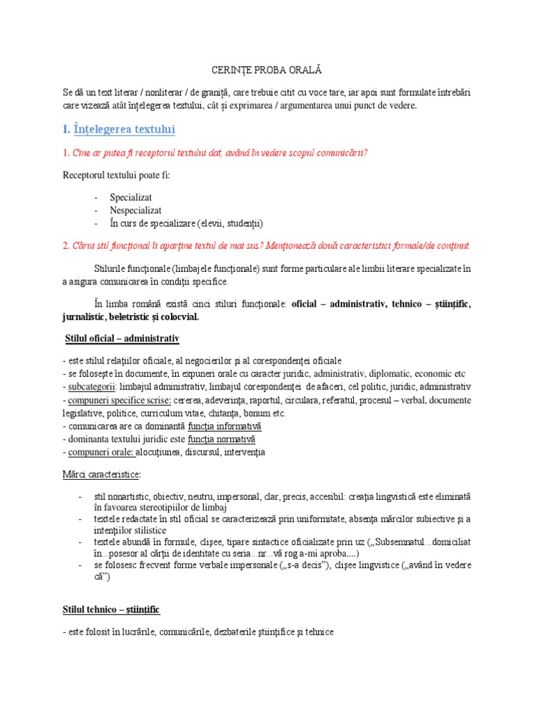 Cerinte Proba Orala PDF | PDF