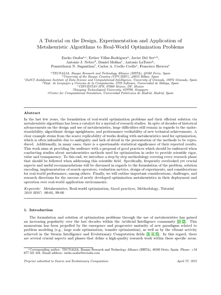 A Tutorial On The Design, Experimentation and Application of Metaheuristic Algorithms To Real ...