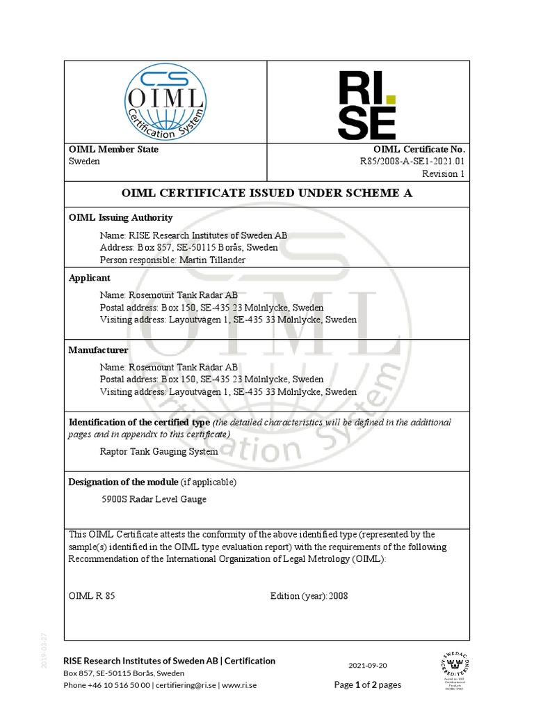 Custody Transfer Certificate Oiml r85 r85 2008 A Se1 2021 01 Rosemount ...