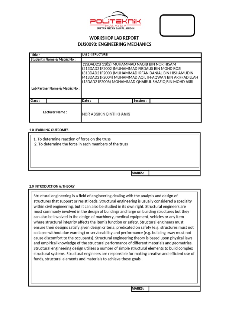 Lab Report Lab 2 DJJ30093 | PDF | Structural Engineering | Engineering
