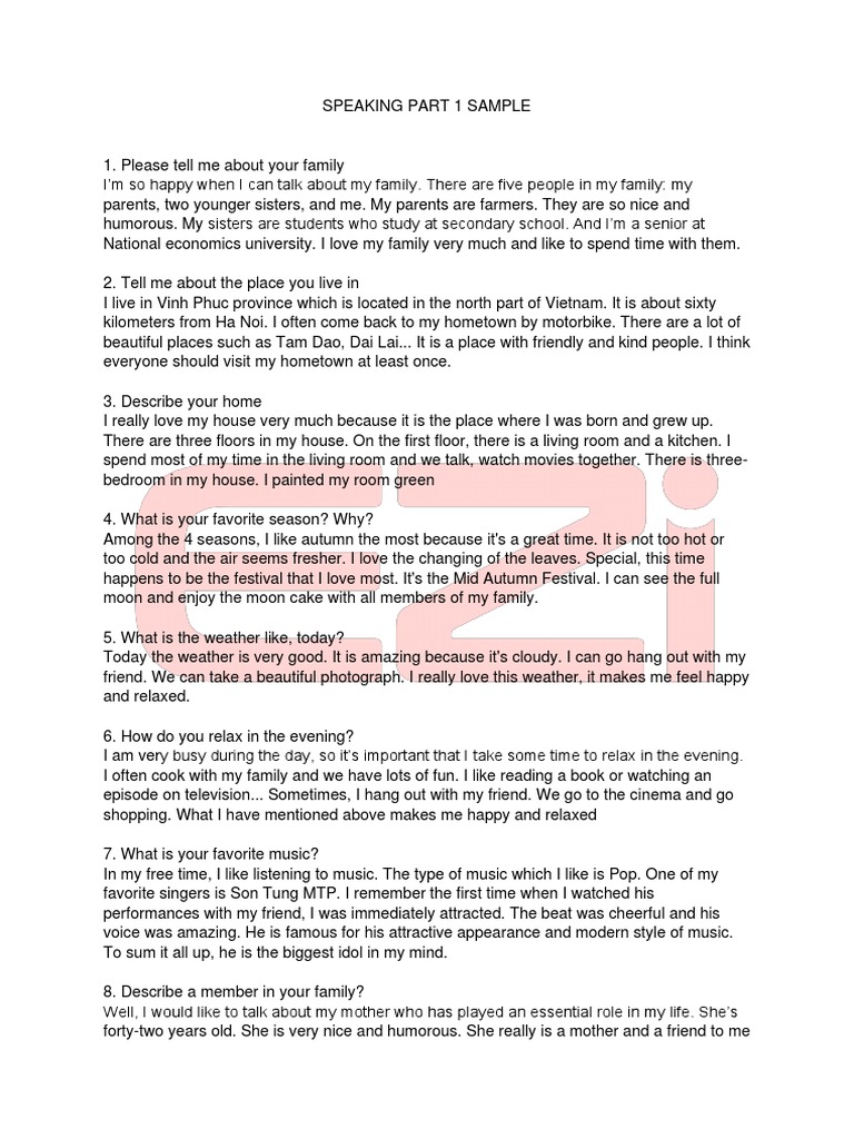 Speaking Part 1 Sample Responses | PDF | Poetry