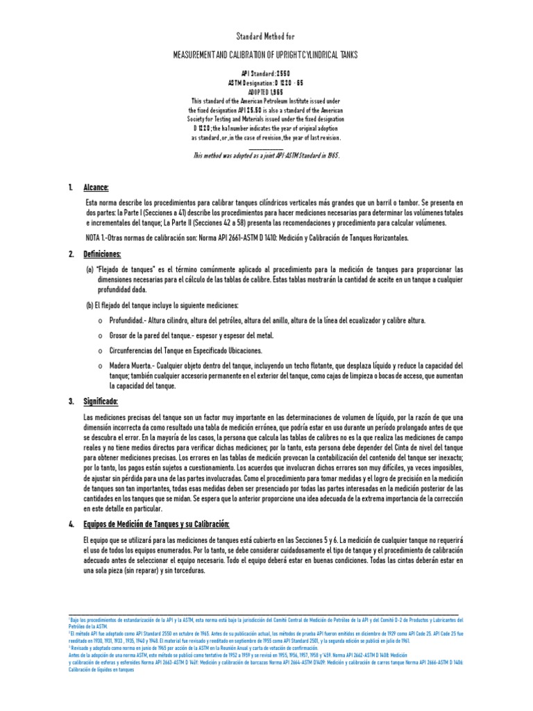 API 2550 Measurement & Calibration-of-Cilindrical Tanks 1992 - Es PDF ...