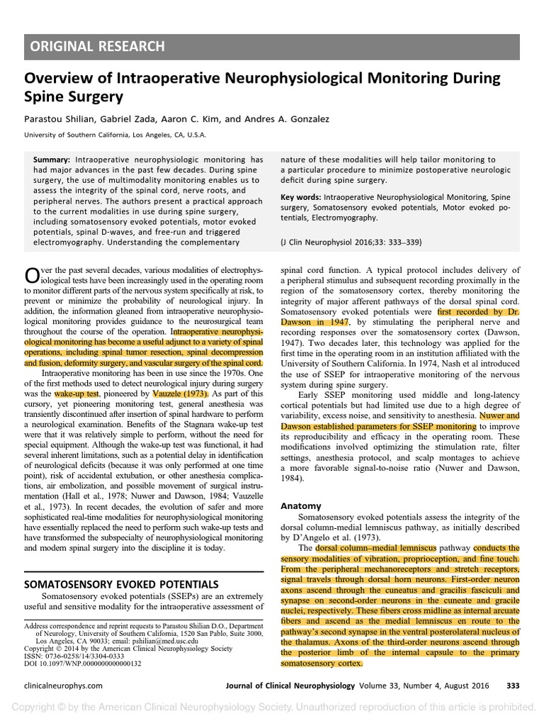 Overview of Intraoperative Neurophysiological Monitoring During Spinal ...