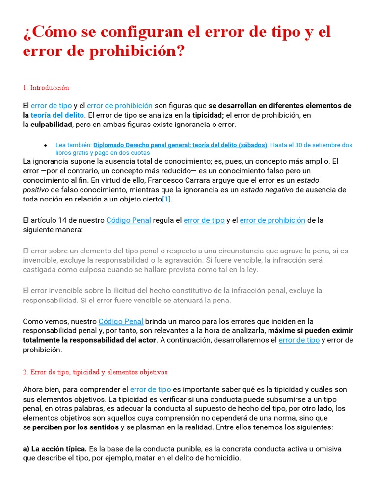 Errores de Tipo y Prohibición en Derecho | PDF