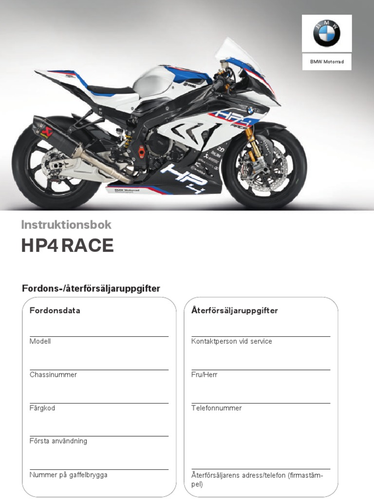 BMW S1000RR HP4 RACE 2017 Ownersmanual Swedish | PDF