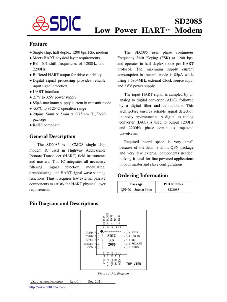 2085 Hart MoDem Datasheet | PDF | Modulation | Analogue Electronics