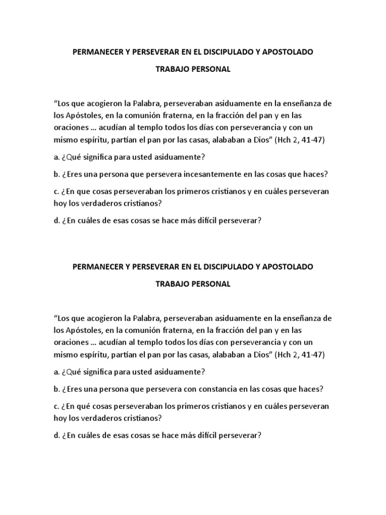 Permanecer y Perseverar en El Discipulado y Apostolado (Trabajo en Casa ...