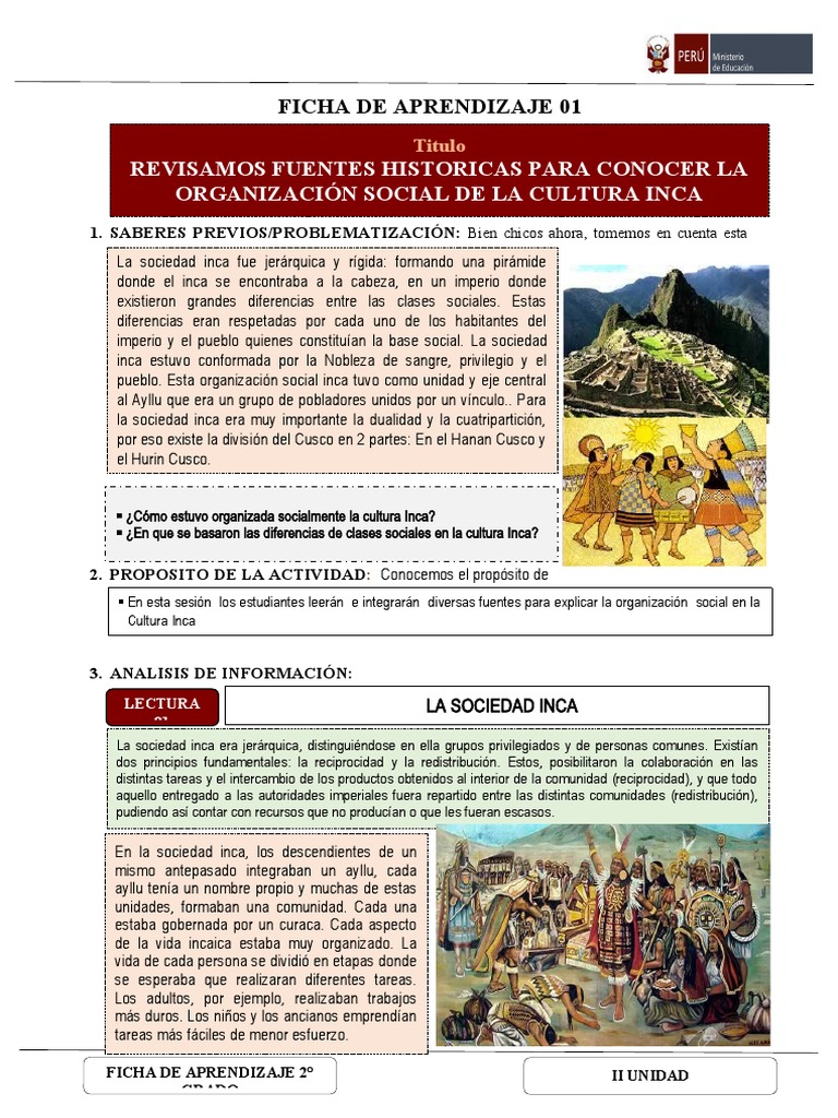 1 Ficha de Aprendizaje CCSS 2° Grado | PDF | Imperio Inca | Andes