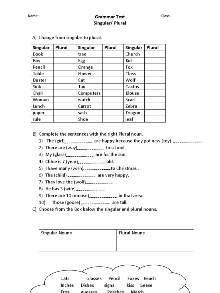 Grammar Test: Singular to Plural Nouns | PDF | Language Arts ...