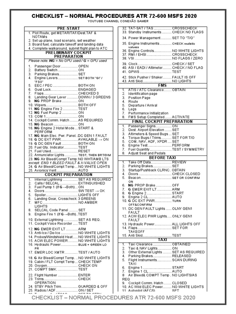 Checklist para Atr-72-600 For MSFS2020 PDF | PDF