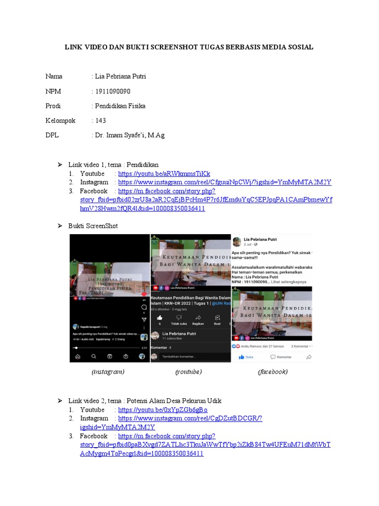 Link Video & SS Tugas Berbasis Media Sosial - Lia Pebriana Putri - 1911090090 - P.fis - Kel 143 ...
