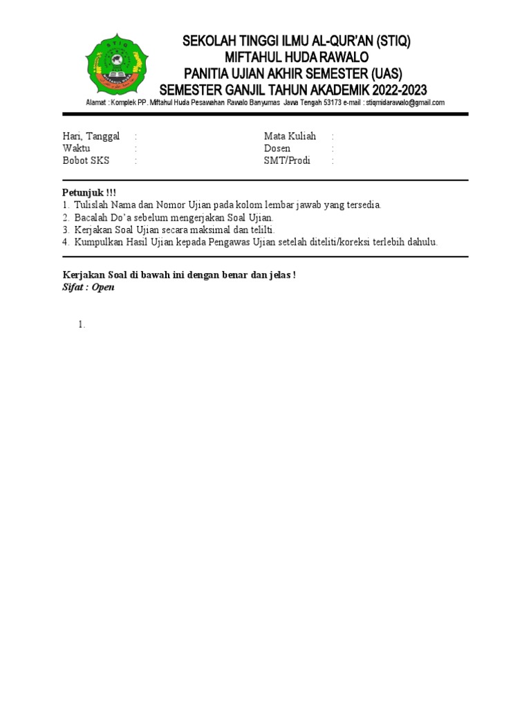 Format Lembar Soal UAS 2022-2023 | PDF
