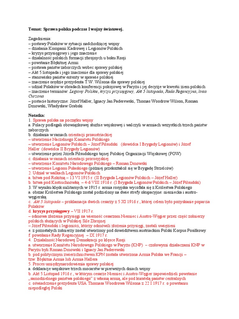 Sprawa Polska Podczas I Wojny Światowej. | PDF