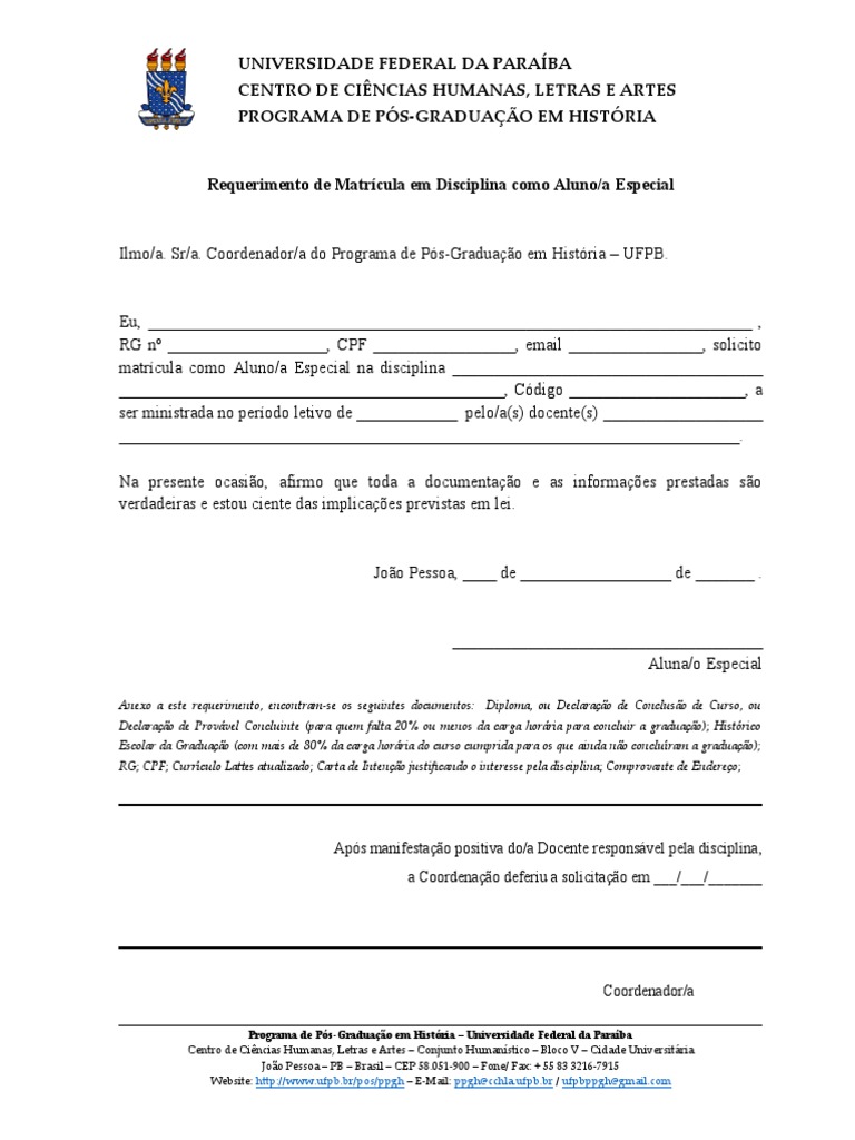 ALUNO ESPECIAL - Requerimento de Matrcula em Disciplina Do PPGH-UFPB 3 | PDF