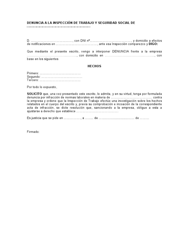 Modelo Denuncia Inspeccion Trabajo Seguridad Social Pdf