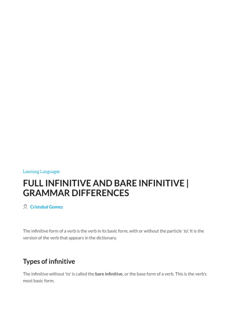 Full Infinitive and Bare Infinitive Grammar Differences (f1) | PDF