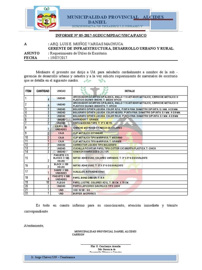 Inf. 05 Requerimiento de Utiles de Escritorio | PDF | Papelería ...