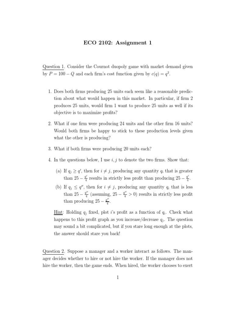 Analysis of Cournot Duopoly Market Model and Game Theory Concepts | PDF