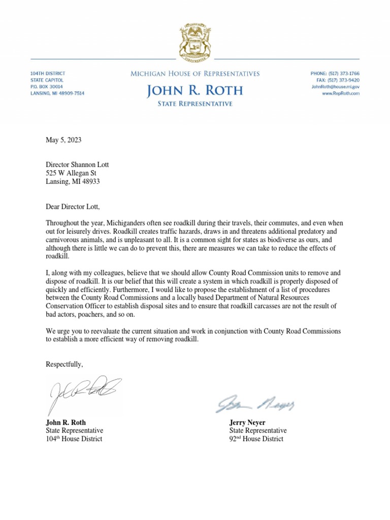 Rep. Roth Roadkill Clarity Letter | PDF