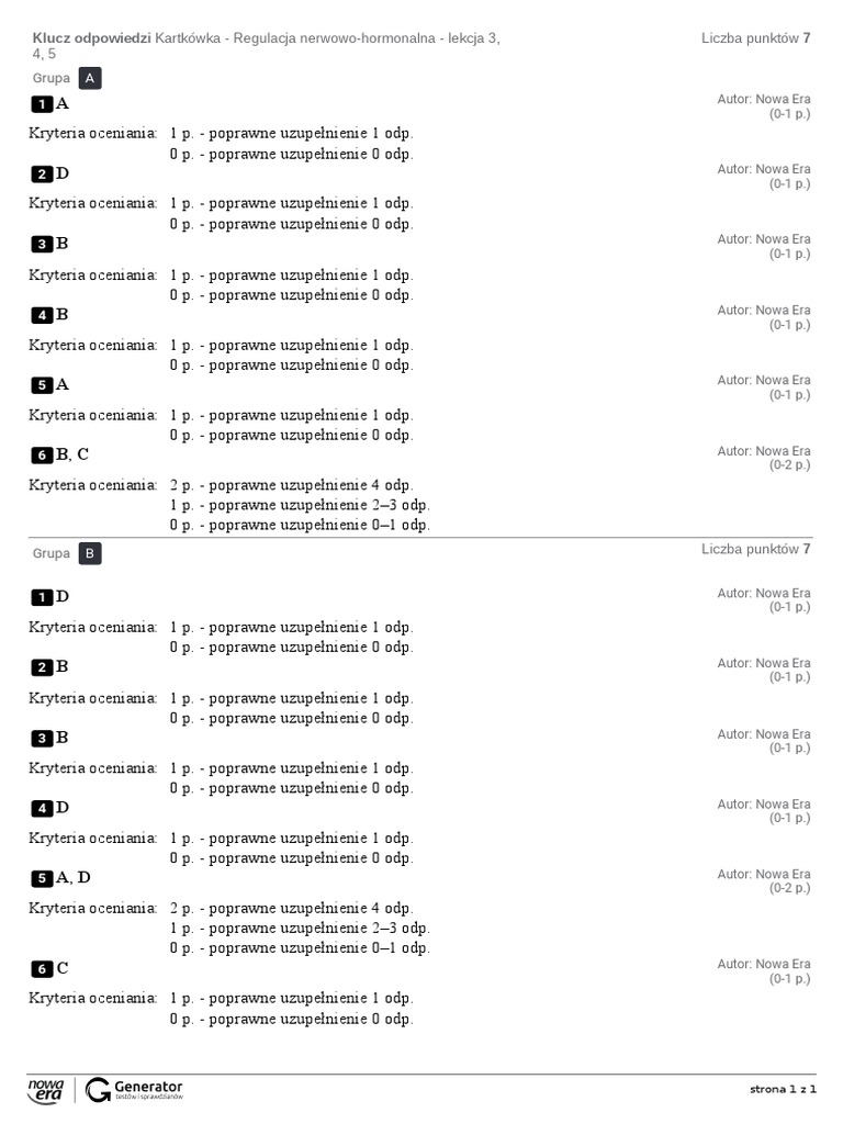 Kartkówka - Regulacja Nerwowo-Hormonalna - Lekcja 3, 4, 5 Klucz Odpowiedzi PDF | PDF