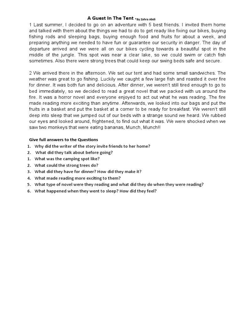 A Guest in The Tent by Zahra Abdi Reading Comprehension Exercises ...