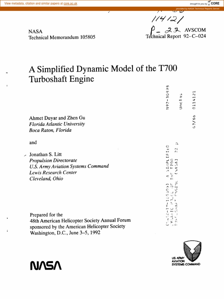 A Simplified Dynamic Model of The T700 Turboshaft Engine: Florida ...