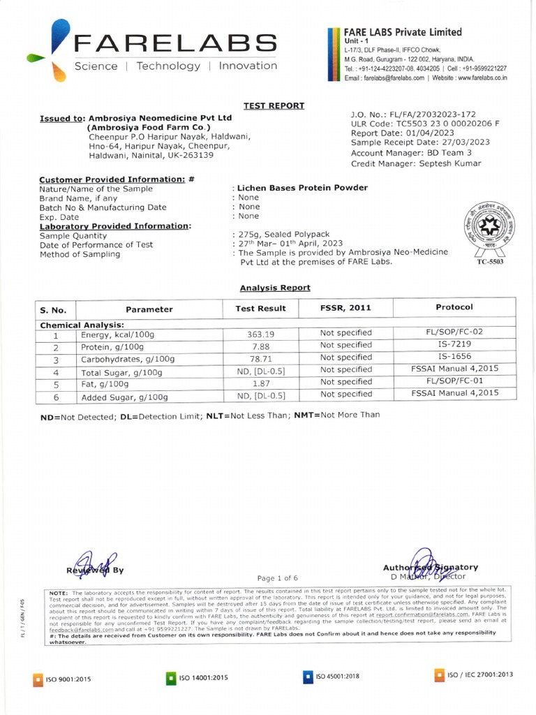 Lichen Protein Powder Test Report | PDF | Physical Sciences | Chemistry