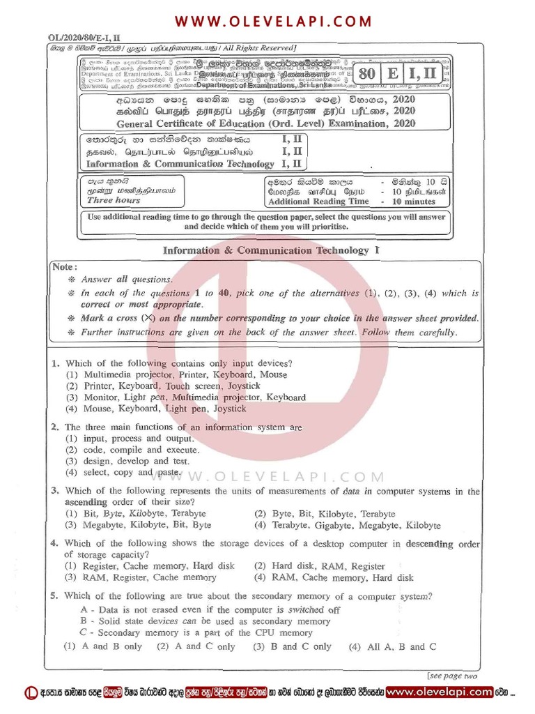 2020 OL ICT PART I MCQ PAPER ENGLISH MEDIUM OlevelApi PDF | PDF