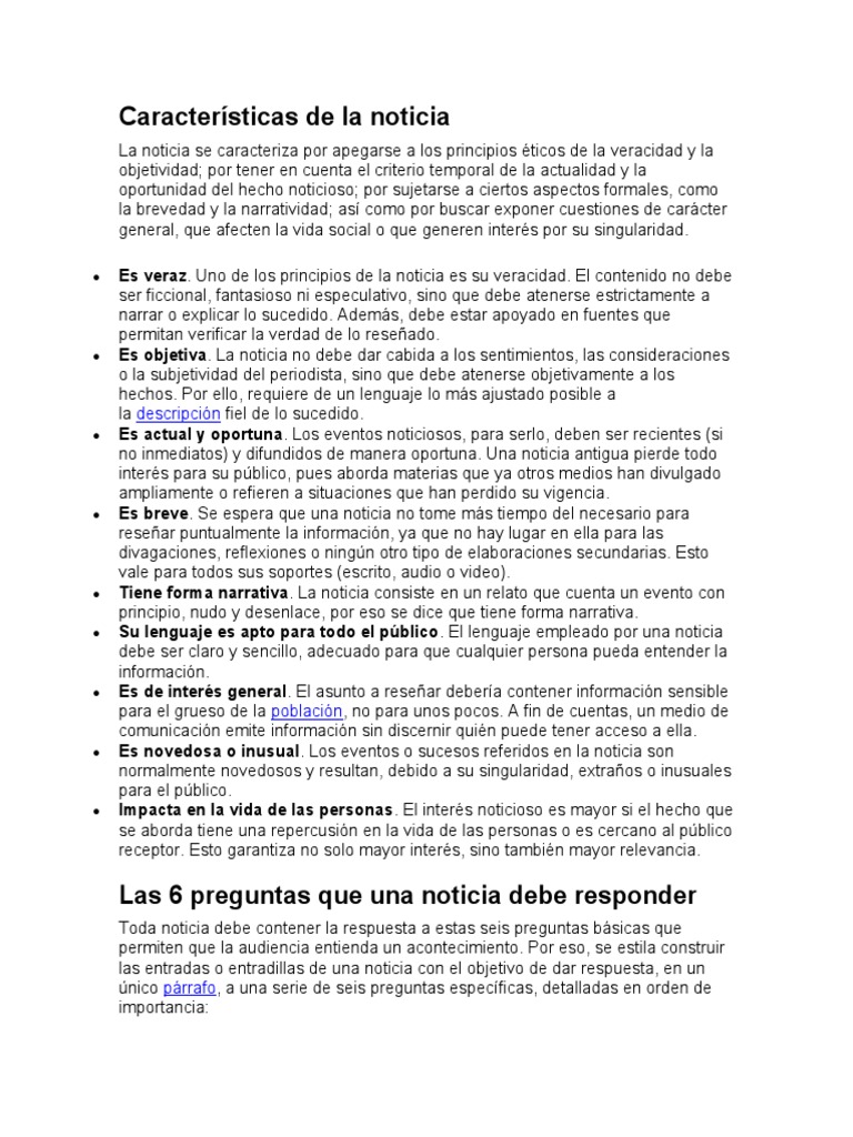 Características esenciales de la noticia | PDF | Política | Ciencias ...