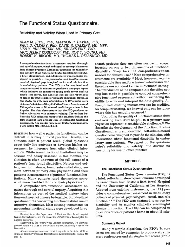 The Functional Status Questionnaire Pdf Pdf
