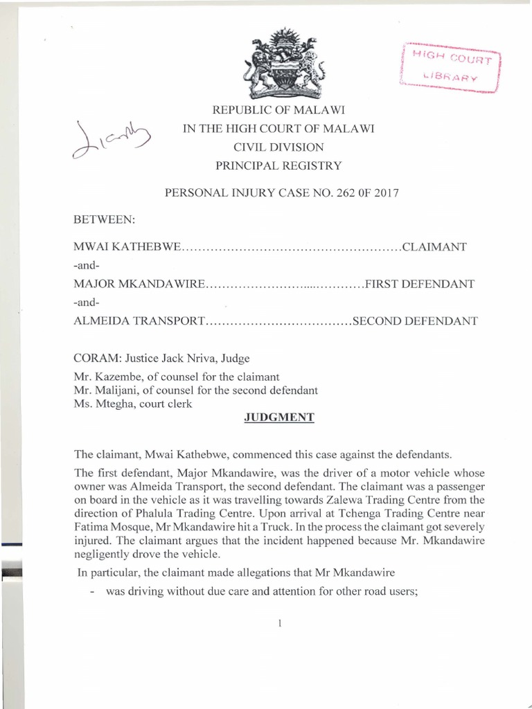 Mwai Kathebwe - Vs - Major Mkandawire and Almeida Transport Personal ... Mwai Kathebwe - Vs - Major Mkandawire and Almeida Transport Personal ...