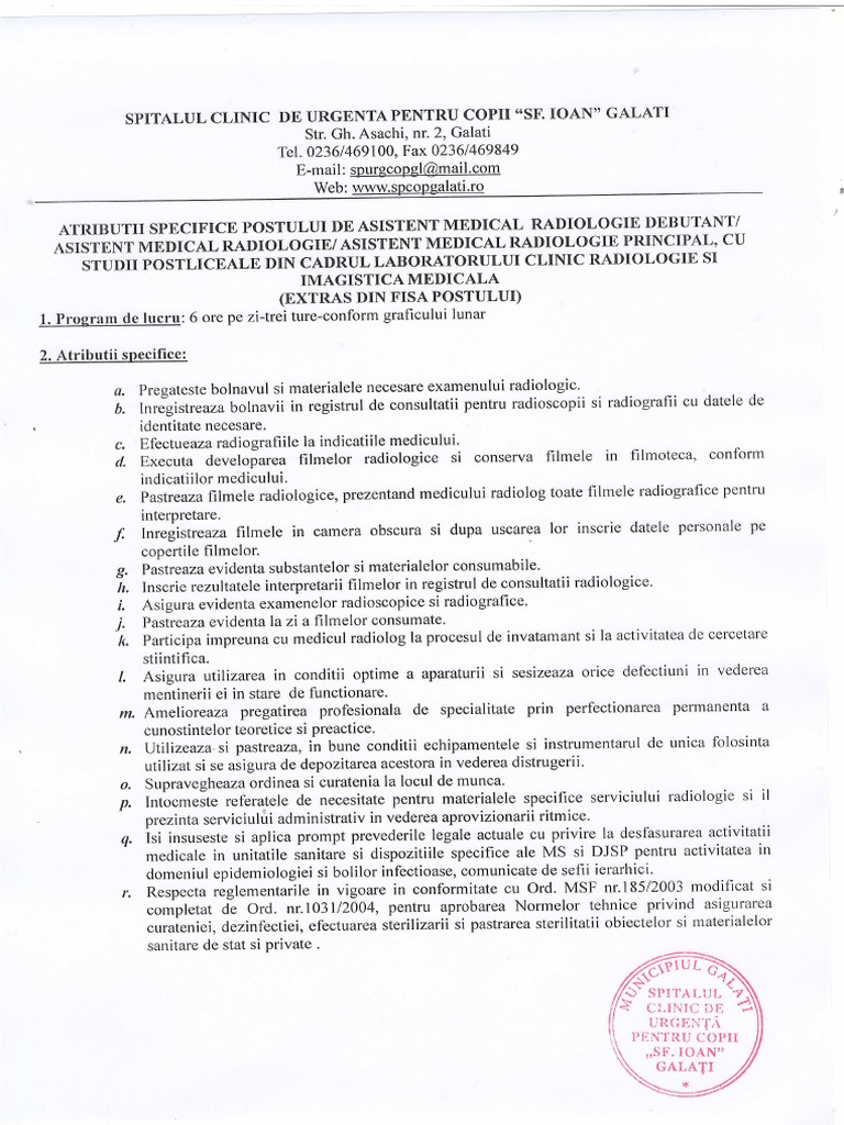 Extras Fisa Post Atributii Specifice Postului de Asistent Radiologie Din Cadrul Laboratorului de ...