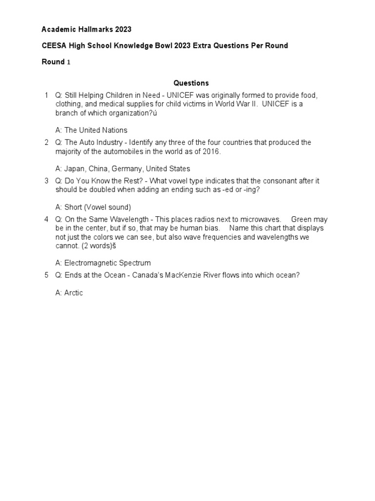 CEESA High School Knowledge Bowl 2023 Extra Questions Per Round | PDF