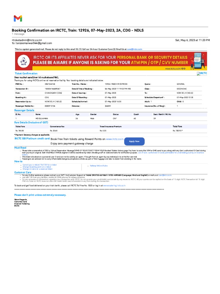 Gmail - Booking Confirmation On IRCTC, Train - 12926, 07-May-2023, 2A ...