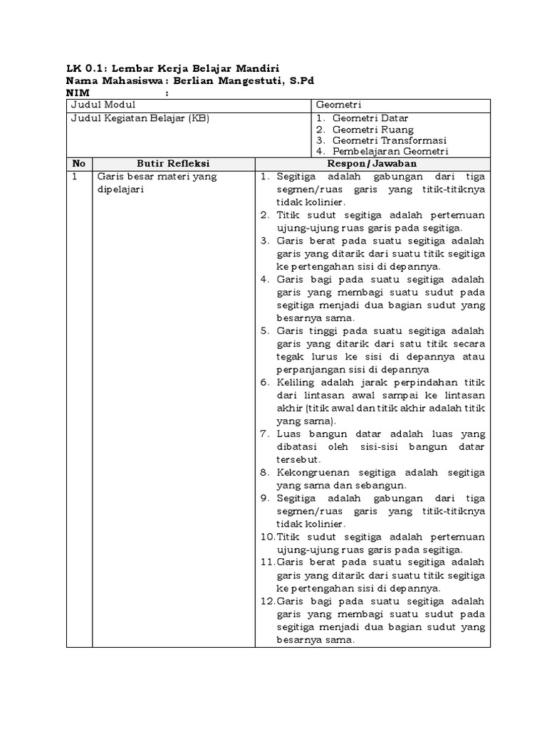 LK 0.1 Lembar Kerja Belajar Mandiri Modul 1 Geometri | PDF