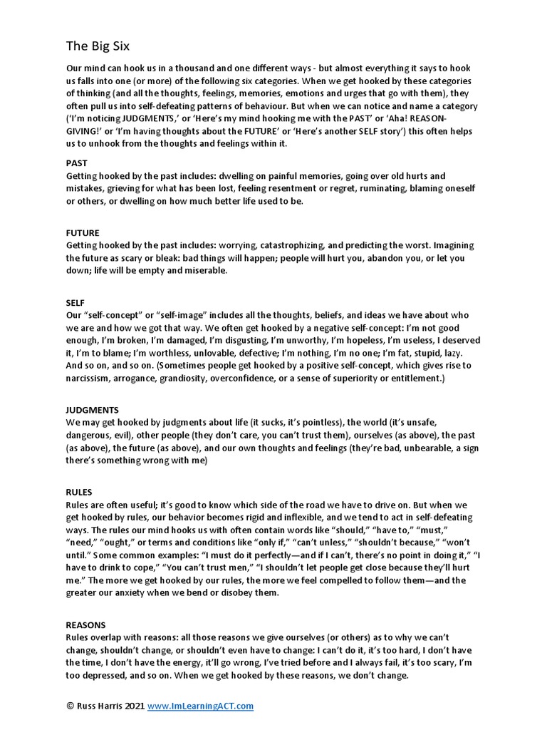 The Big Six Categories of Cognitive Fusion PDF | PDF | Thought | Feeling