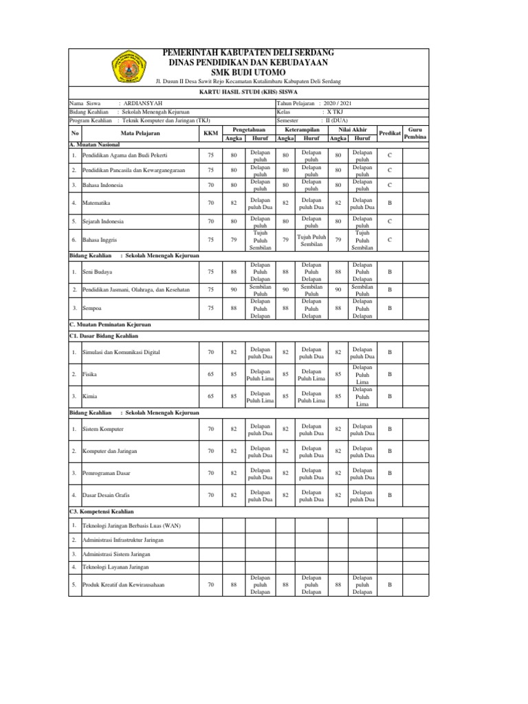 Nilai Raport Kelas SMK X TKJ PDF | PDF