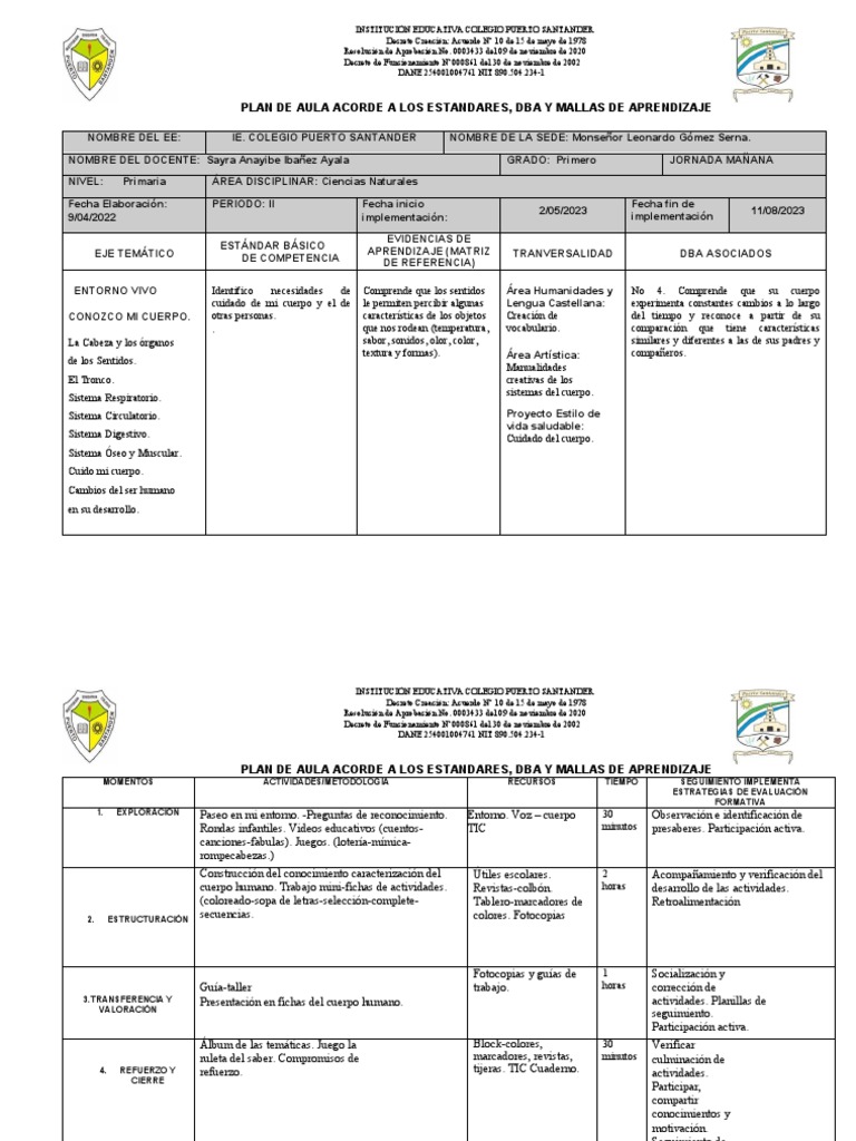 PLAN-AULA Segundo Periodo Naturales | PDF