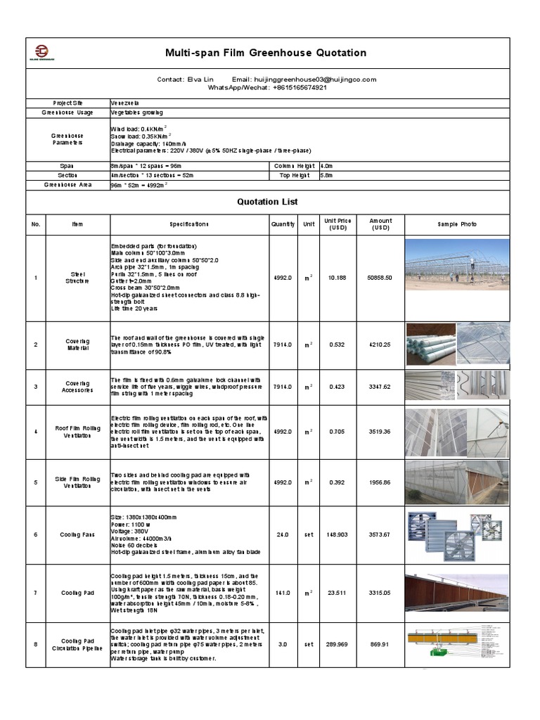Multi-Span Greenhouse Quotation for Vegetables | PDF | Pipe (Fluid ...