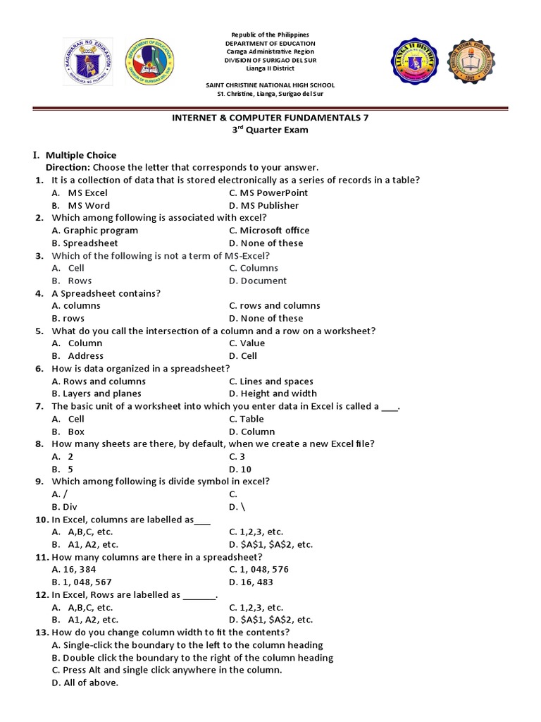 Grade 7 Excel Exam | PDF | Teaching Methods & Materials