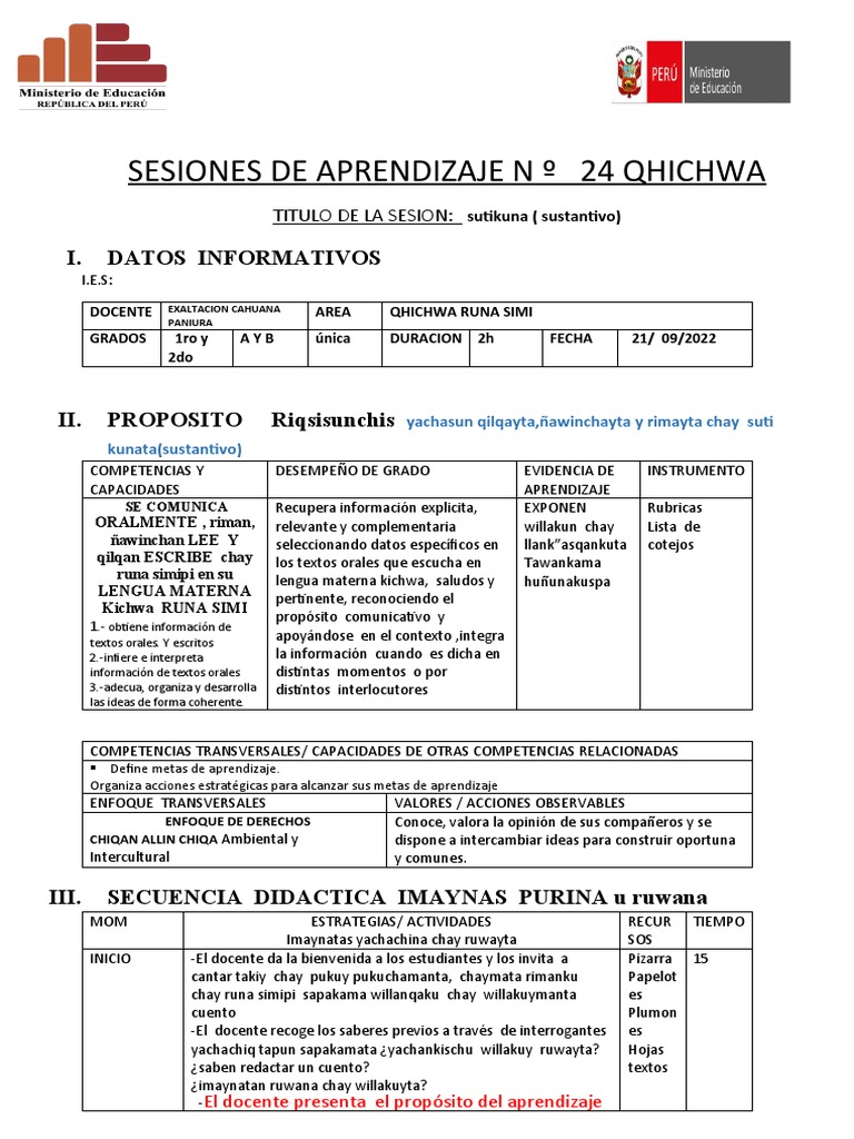 Sesion 24 de Quechua 1ro y 2do 2022 | PDF | Aprendizaje | Comunicación humana