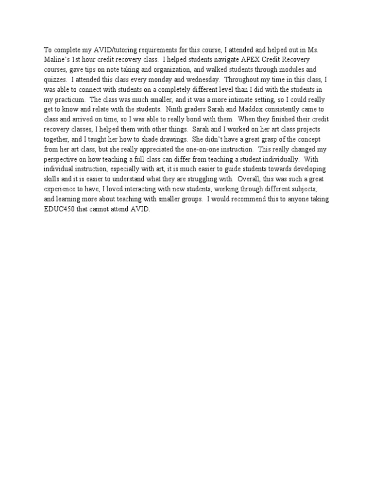 Avid Tutoring Reflection | PDF