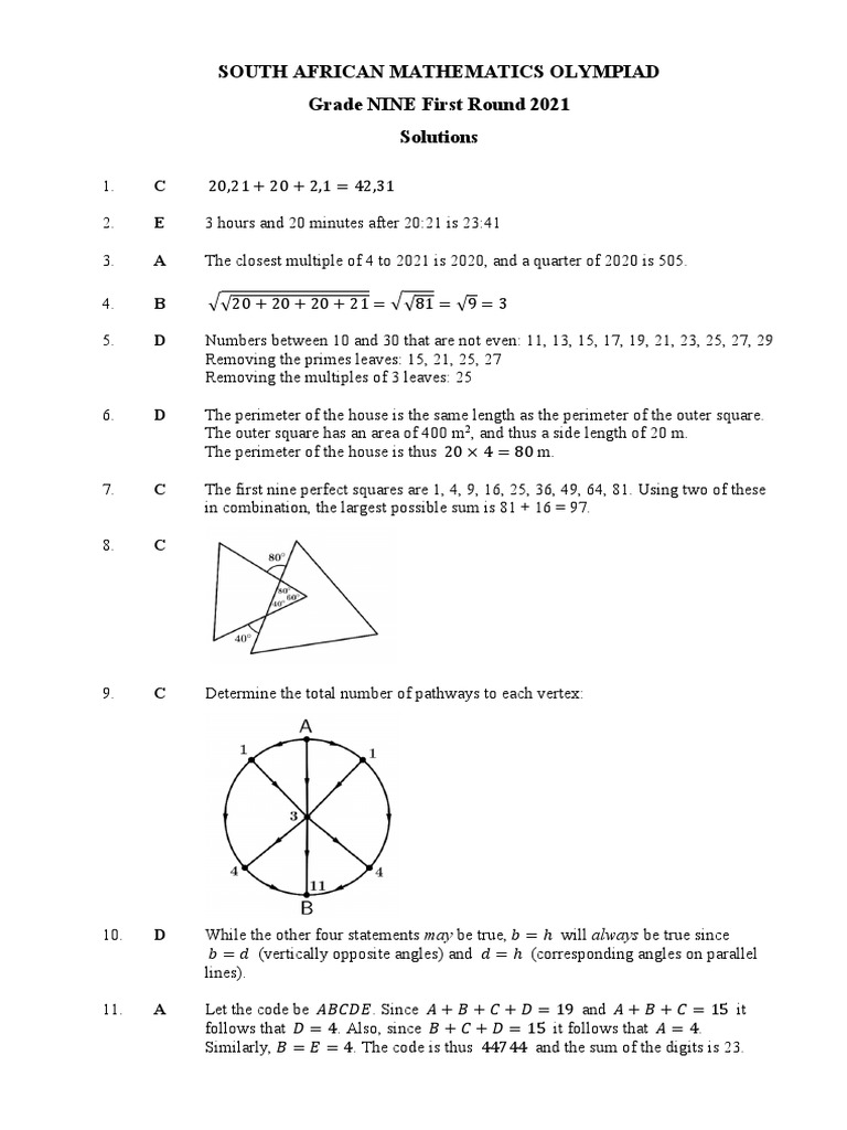 Maths Olympiad Gr9 2021 memo.pdf | PDF