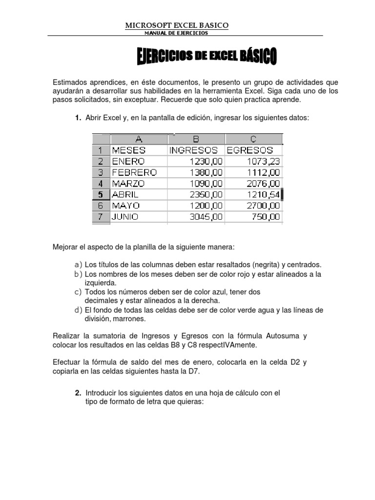 Ejercicios Básicos de Excel para Practicar | PDF