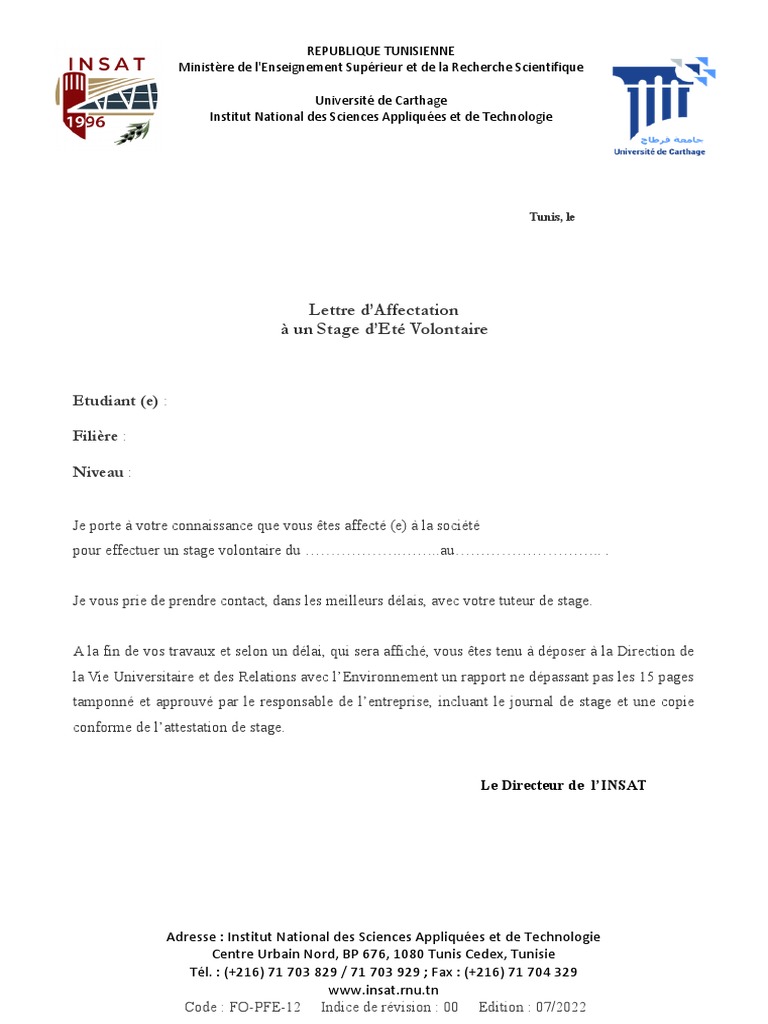 FO-PFE-12 00 Lettre D'affectation À Un Stage D'eté Volontaire PDF | PDF