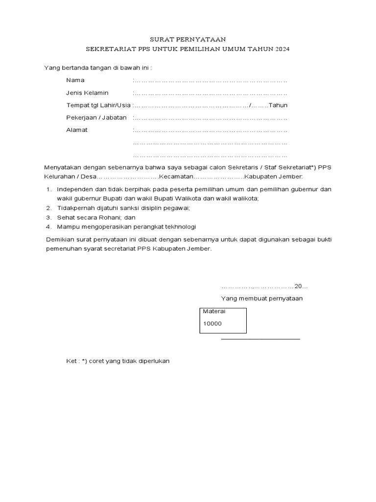 Surat Pernyataan Calon Sekretaris PPS 2024 | PDF
