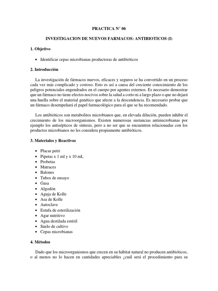 Práctica #06 Investigación de Nuevos Fármacos Antibióticos PDF | PDF