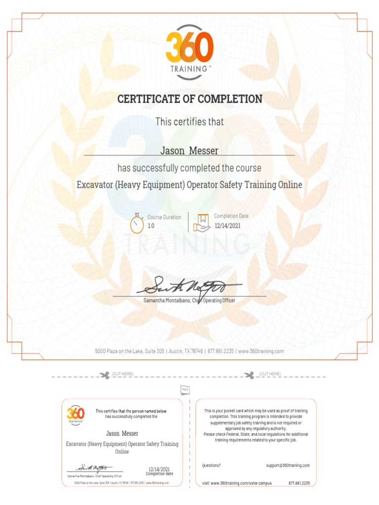 Excavator Operator Safety Training Certificate | PDF